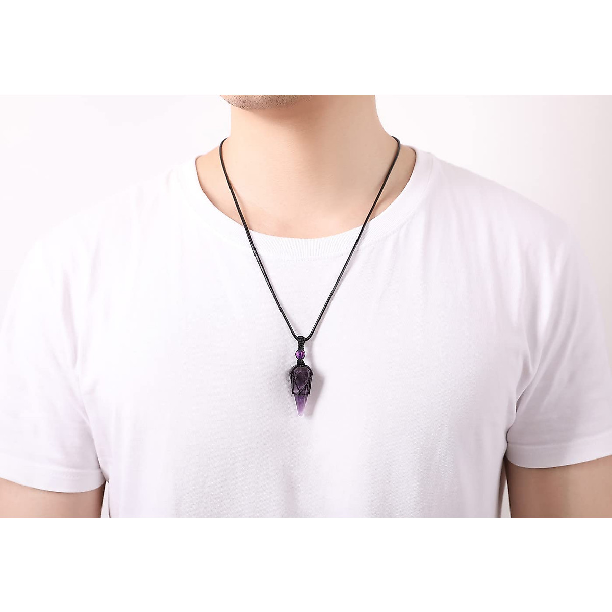 XIANNVXI Amethyst Necklace for Men Women Healing Crystal Stone Pointed Adjustable Black Rope Natural Gemstone Pendant Necklaces Jewelry