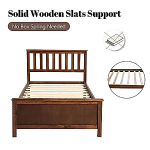 Merax Twin Size Platform Bed, Wood Twin Bed Frame with Headboard, Footboard and Wood Slat Support, No Box Spring Needed, Walnut