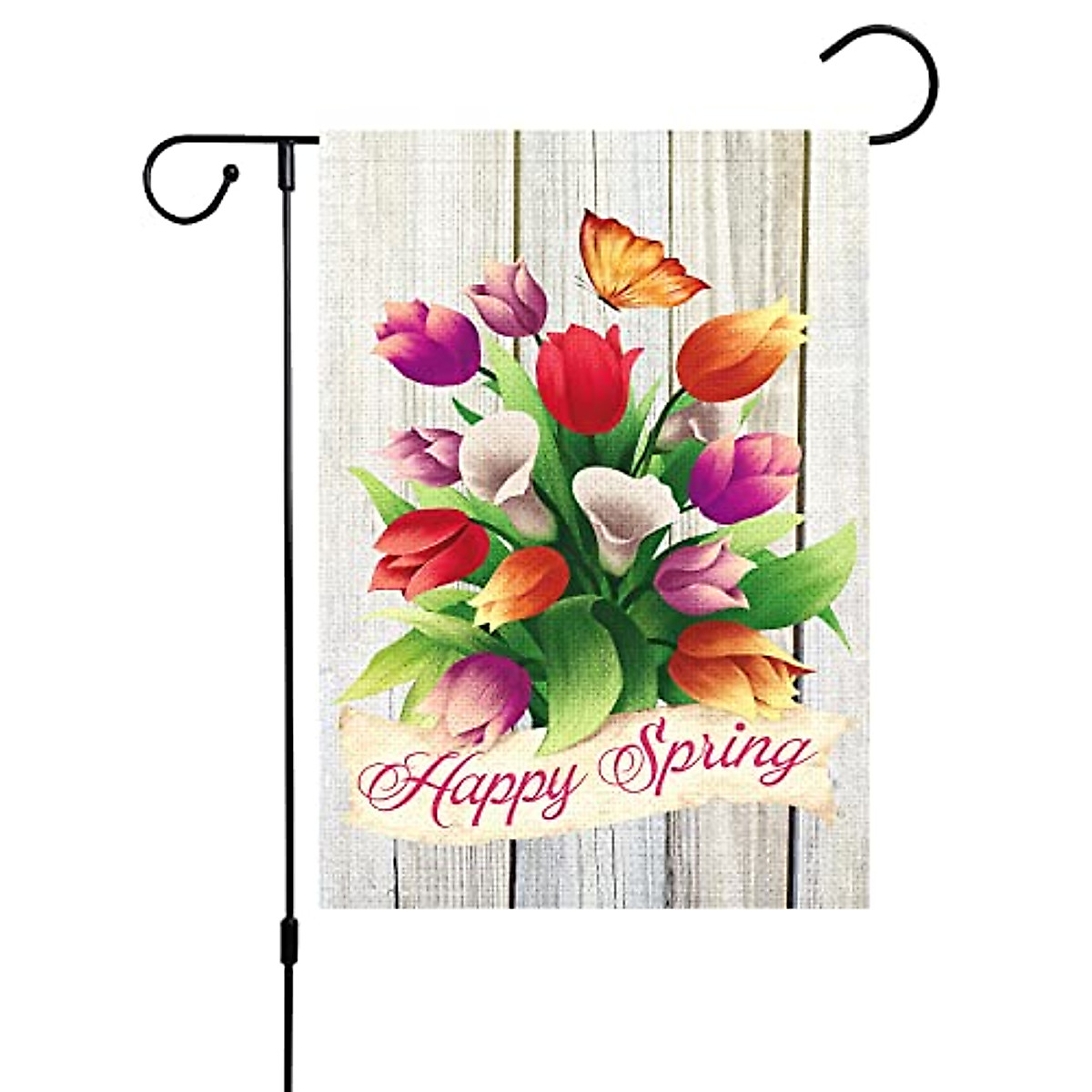 Louise Maelys Happy Spring Garden Flag 12x18 Double Sided, Burlap Small Vertical Floral Flower Garden Yard Flags for Seasonal Outside Outdoor House Decoration (ONLY FLAG)
