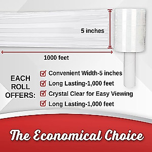 12 Pack Industrial Strength Mini Hand Stretch Wrap 5" 1000 Ft Roll 80 Gauge Thick, Shrink Wrap Roll for Moving Supplies, Furniture, Pallets, Plastic Wrap for Packing, Heavy Duty Stretch Film