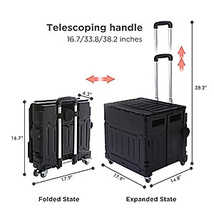 Bienvoun Folding Rolling Shopping Cart - Foldable Utility Grocery Cart with Wheels and Telescoping Handle for Teachers, Grocery Shopping, Tools (Black).