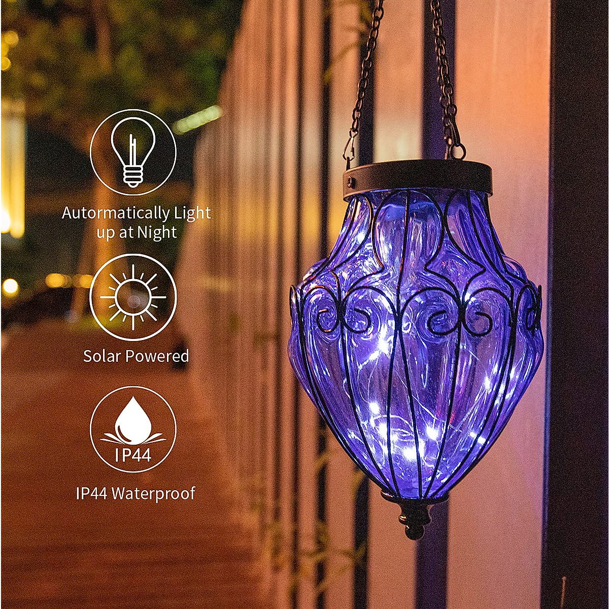 Afirst Hanging Solar Glass Lanterns - Glass Solar Lights with Hook Drop shape Handblown with 20 LED Fairy String Lights Decor for Yard Tree Fence Patio