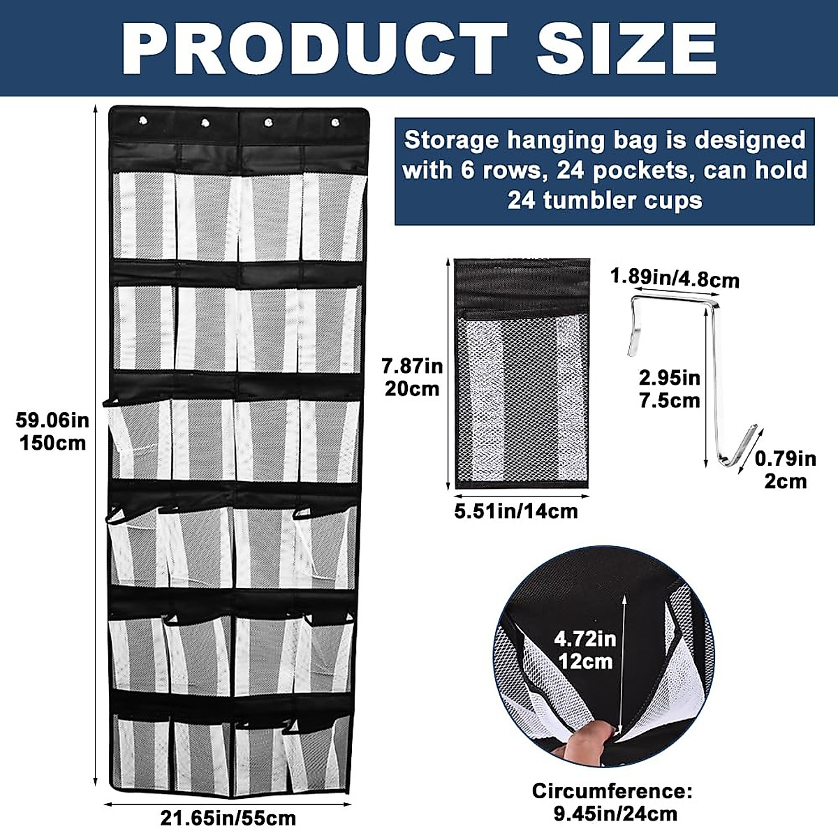 NINEFOX 24 Pockets for Stanley Cup Organizer, Rain Cup Organizer for Stanley Cup, with Hooks, Foldable, for Home, Kitchen, Classroom, 32*27*2.5cm, Black, 22359885