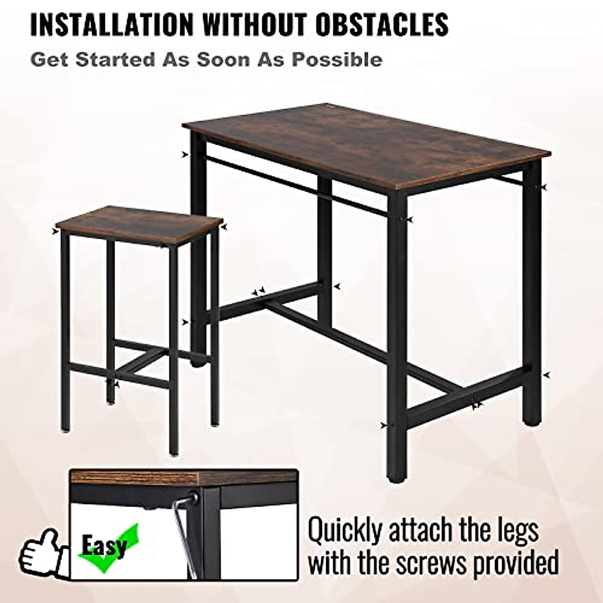 VEVOR Bar Table and Chairs Set 47" Pub Table Set with 4 Bar Stools Kitchen Dining Table and Chairs Set for 4 Iron Frame Counter Height Dining Sets for Home, Kitchen, Living Room