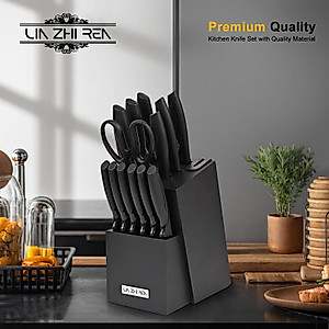 Knife Set, 15 Pieces Kitchen Knife Sets with Block, Built-in Sharpener, Dishwasher Safe, Anti-slip Ergonomic Handle, Knife Block Set for Chopping, Slicing, Dicing & Cutting, Black