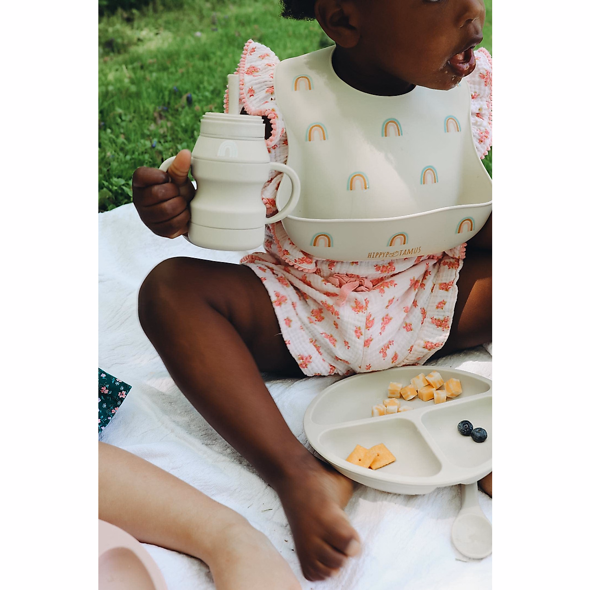 Hippypotamus Silicone Transition Cups - Squeeze-Proof Toddler Cups With Straw & Lid - Removable Handles - Set of 2 (Sage/Fog)