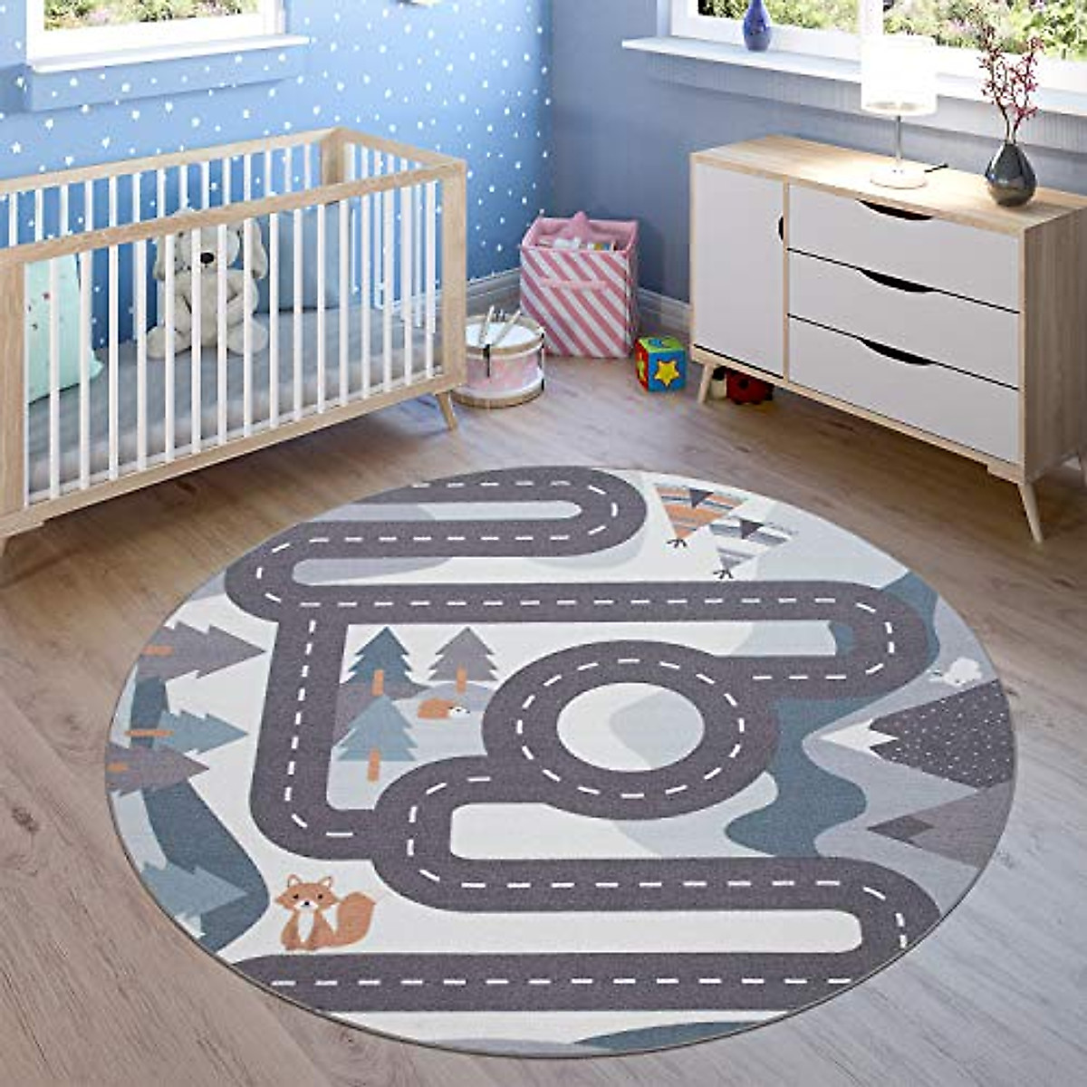 Kids Rug Play Mat Mountain Road with Bears & Trees for Playroom in Blue , Size: 2'8" x 4'11"