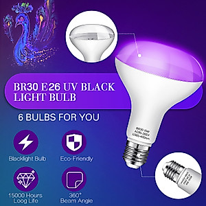 Qualirey 6 Pack Black Light Bulbs BR30 15W LED UV Blacklight Bulbs UVA Level 385-400nm E26 120W Equiv Black Light Flood Light for Glow in the Dark Halloween Party Body Paint Fluorescent Poster