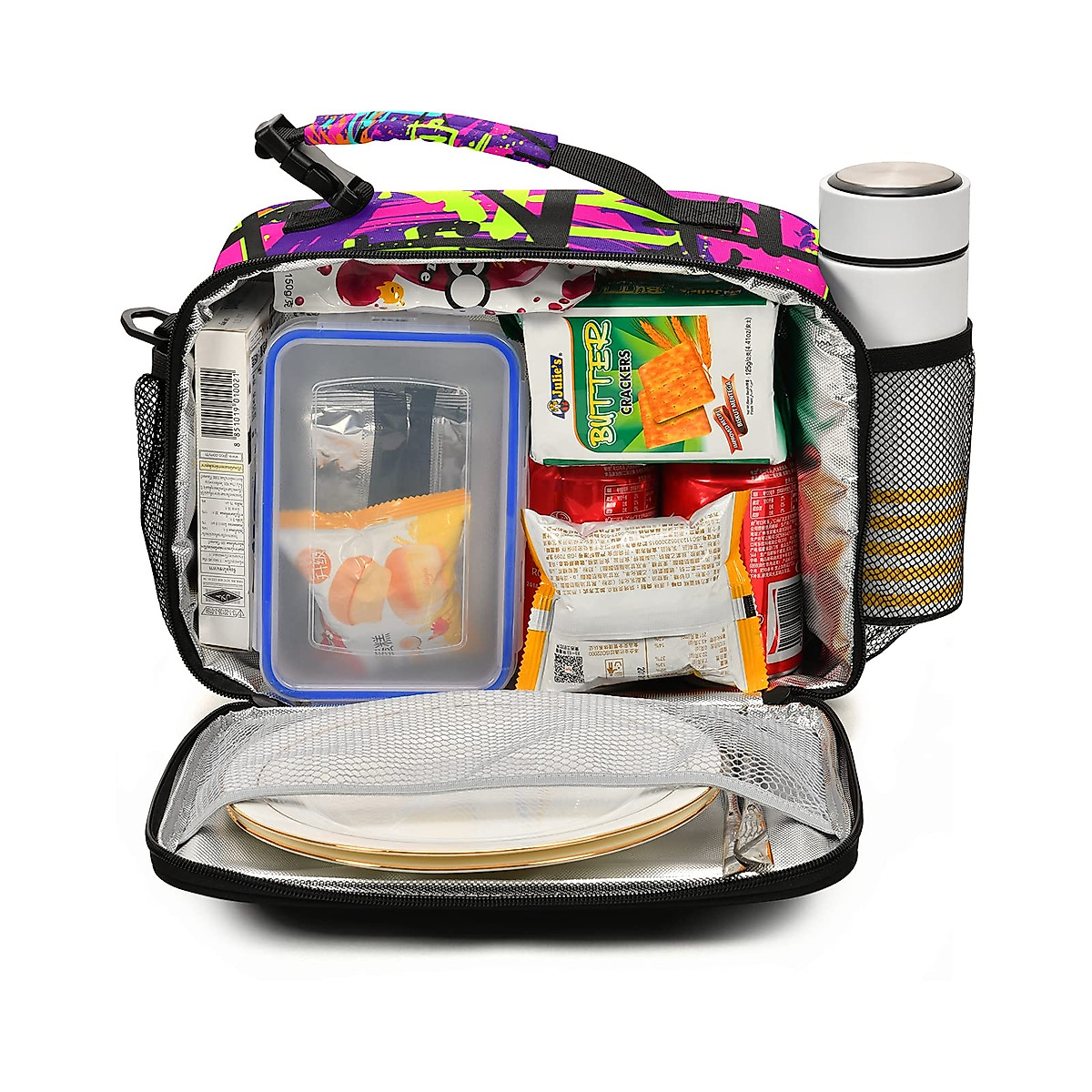 xigua Student Lunch Bag, Graffiti Patterns And Spray Paint Ink Elements Detachable Shoulder Strap Insulated Lunch Box Men Women Cooler Bag Tote Bag for School Office Picnic Trip