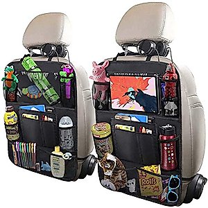 ULEEKA Car Backseat Organizer with 10" Table Holder, 9 Storage Pockets Seat Back Protectors Kick Mats for Kids Toddlers, Travel Accessories, 2 Pack