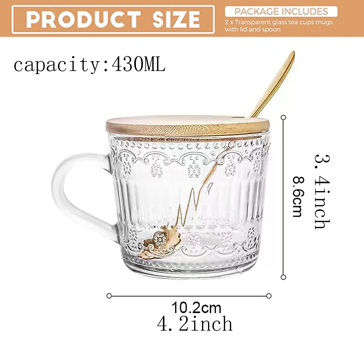 DONYU 2 Pack 14.5 oz Glass Coffee Mug with Lid,Premium Drinking Glasses Tumblers, Vintage Glassware Set for coffee, Juice, Beverages (Clear)