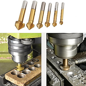 KEWAYO 3 Flute 90 Degree HSS Chamfering Tool Bit Countersink Drill Bit Set for Metal Wood Plastic Woodworking Metal Working Tool Bit Set, Pack of 6pcs