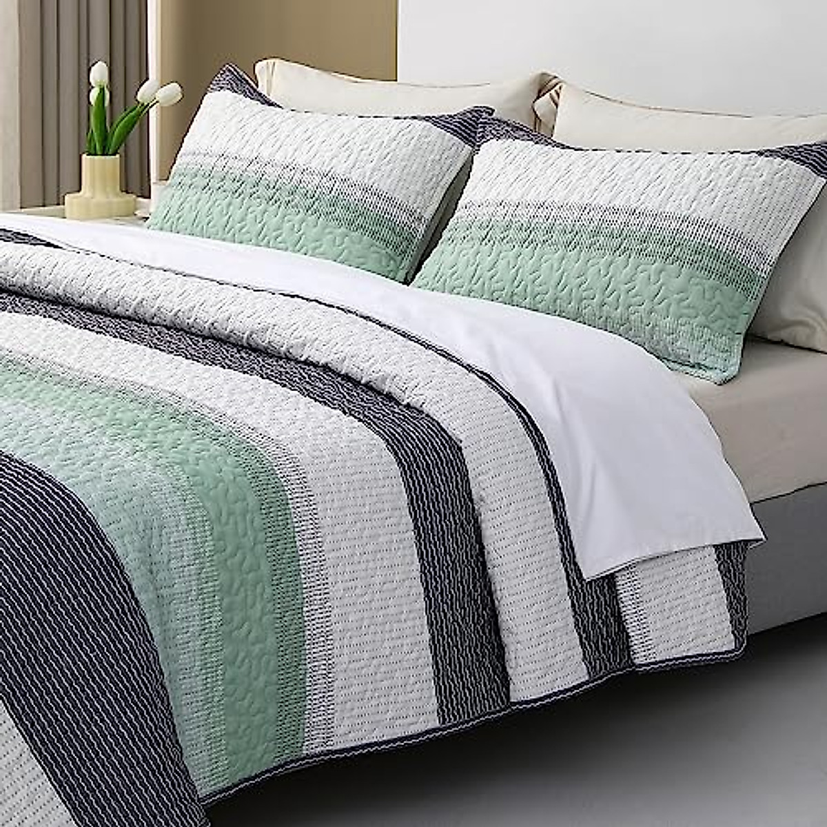 DURLENGEN Mint Green Quilt Set California King Size 3Pcs, Bohemian Design with White & Mint Green & Blue & Grey Stripes, All Season Lightweight Coverlet Sets(California King 112x104,Mint Green)