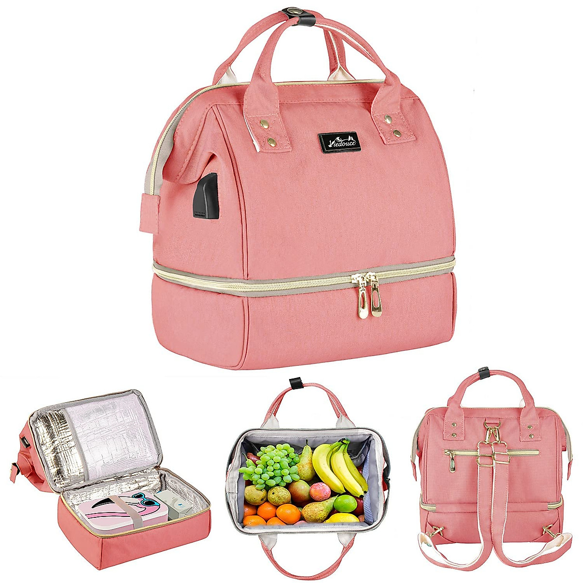 Viedouce Nappy Backpack, Changing Nappy Bag, Lunch Bag Insulated, Picnic Bag for Travel, Waterproof Oxford Baby Travel Diaper Mummy Bag Backpack with Charging Port (Pink 8L)