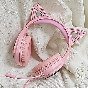 Cute Cat Ear Headset with Mic, Colorful Light, Adjustable Headband, 50mm Speaker, Girls Headphone, Compatible with PS, Xbox One, Nintendo Switch, PC, Laptop (Pink)