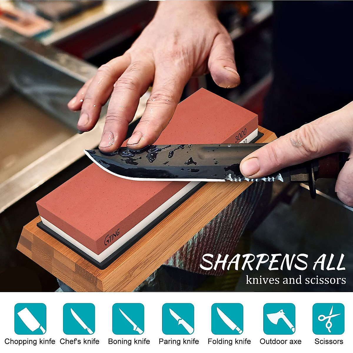 Sharpening Stone Whetstone Knife Sharpener, G-TING 400/1000 and 3000/8000 Grit Knife Sharpening Kit Wet Stone with Flattening Stone, Angle Guide, Non Slip Bamboo Base for Kitchen Knives, Pocket Knife