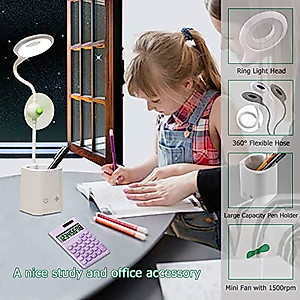 Seaciyan Led Desk Lamps, Small Cute Desk Lamp with 3 Lighting Modes, Modern Desk Ring Night Light with Pen Holder and Green Mini Fan for Home Office Bedroom