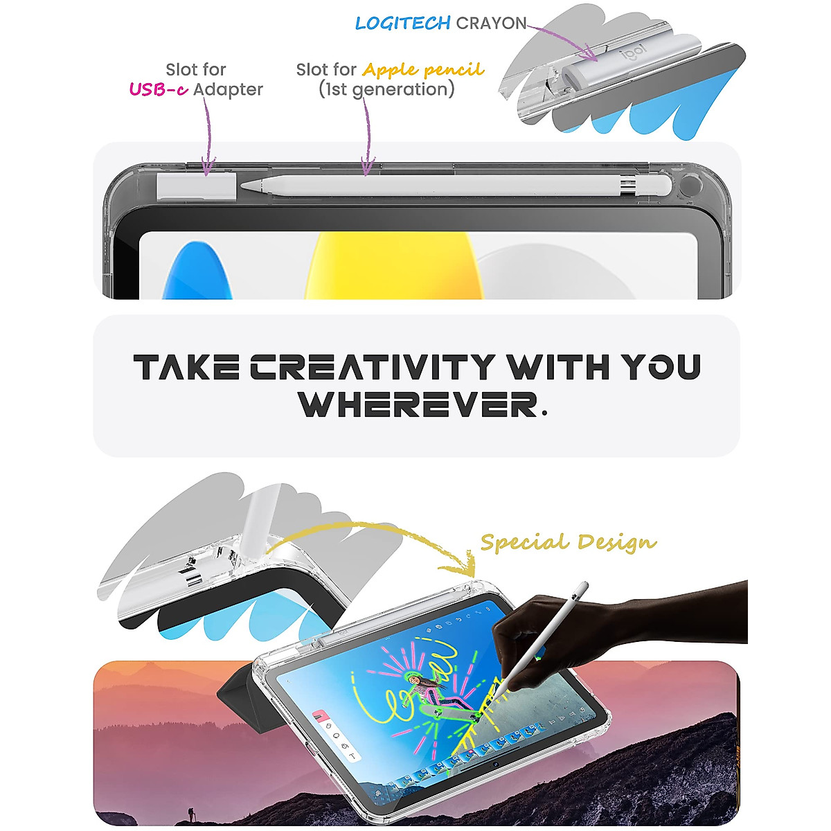 INFILAND Compatible with iPad 10th Generation Case 2022, iPad Case 10th Generation 10.9 Inch, Full Crystal Clear with Slot for Pencil & Charging Adapter, Grey