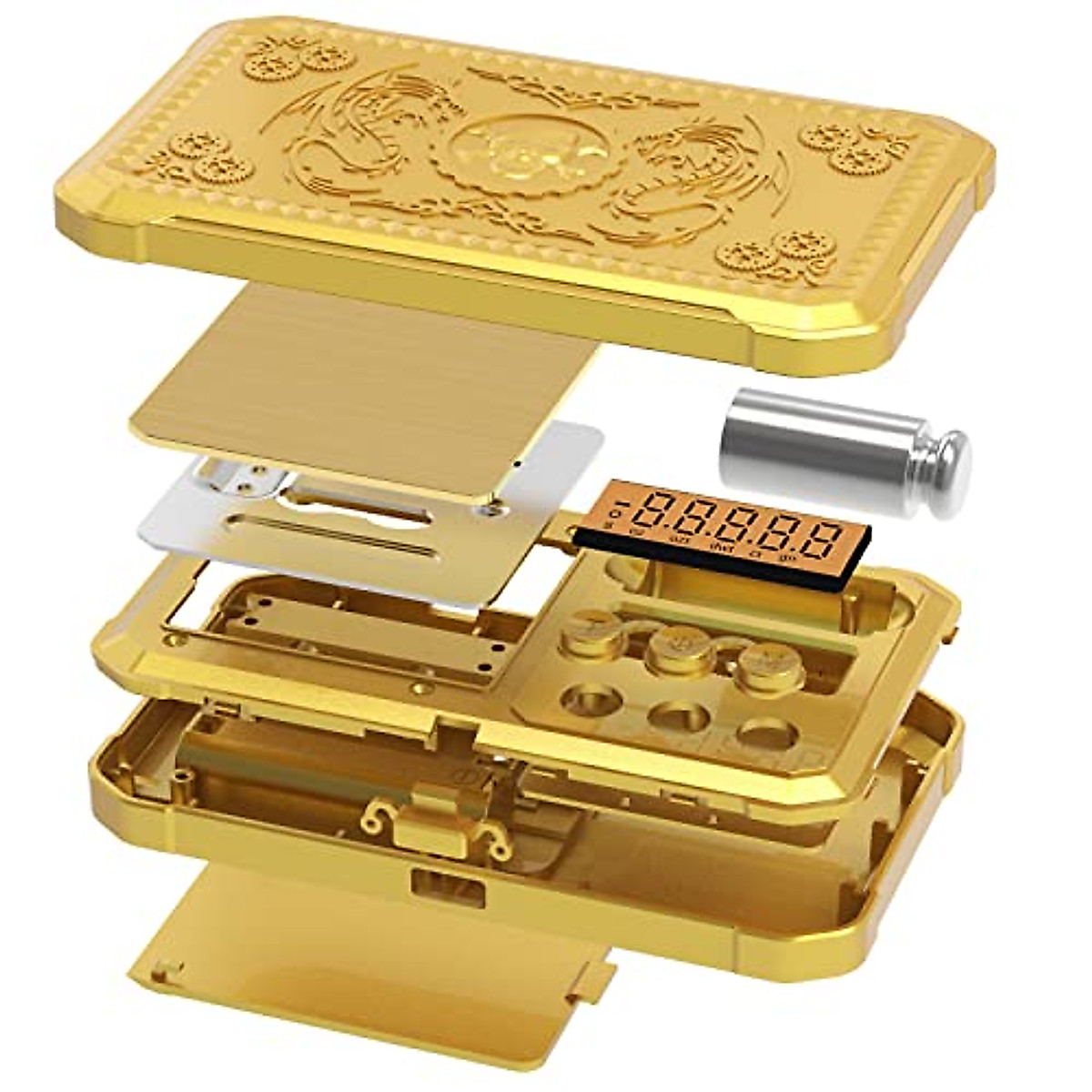 MAXUS Steampunk Digital Scale 200g x 0.01g Precision with 50g Calibration Weight. Golden, Skull-Embossed, Backlit LCD, Stainless Steel Platform for Food or Items.
