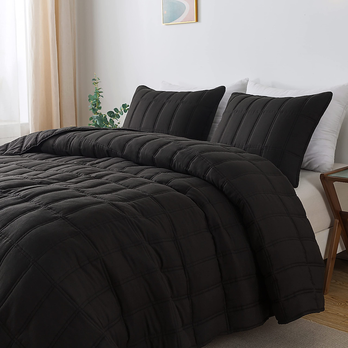 palassio Black Quilt Queen Size Bedding Sets with Pillow Shams, Lightweight Soft Bedspread Coverlet, Quilted Thin Blanket Comforter Bed Cover for All Season Spring Summer, 3 Pieces, 90x90 inches