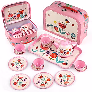 D-FantiX Kids Tea Set for Little Girls, 15Pcs Pink Tin Tea Party Set for Toddlers Afternoon Tea Time Playset with Metal Teapots Tea Cups Play Dishes Princess Toys Gifts with Carry Case