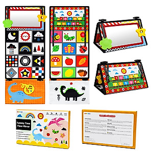 OKOOKO Tummy Time Floor Mirror Black and White High Contrast Baby Toy with Safe Mirror Soft Dinosaur Book Silicone Teethers Tummy Time Toy Montessori Sensory Toy for Newborn Baby Infant 0-12 Months