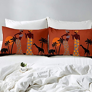 African Woman Themed Duvet Cover Brown African Pattern Bedding Set Ethnic Afro Giraffe Comforter Cover for Women Adults Room Decor Black Palm Tree Print Bedspread Cover Queen Size With 2 Pillow Case