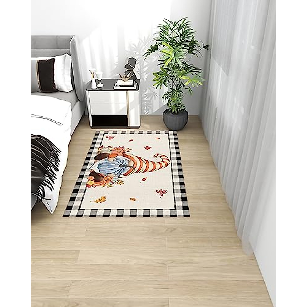 Thanksgiving Plaid Area Rug 2'7"x5',Outdoor Indoor Small Carpet Runner for Girls Boys Bedroom,Living Room,Bathroom,Classroom,Office,Kitchen,Washable Area+Rug Buffalo Check Gnome Pumpkins Black Beige