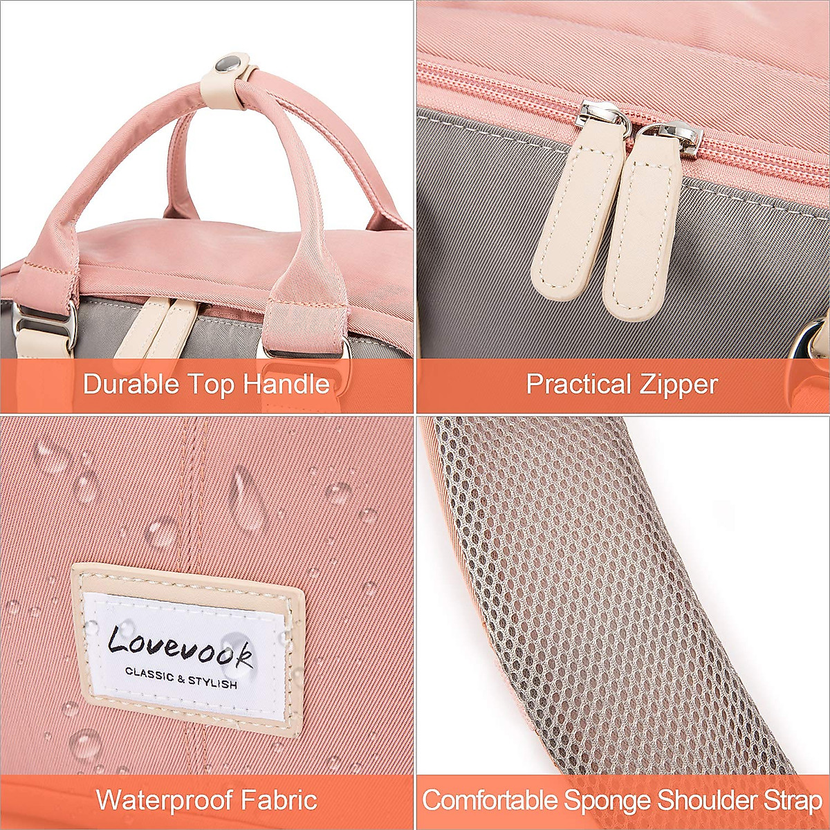 LOVEVOOK School Backpack for Women Cute College Backpack Waterproof Laptop Bookbag with USB Charging Port Vintage Bag 15.6 inch,Pink