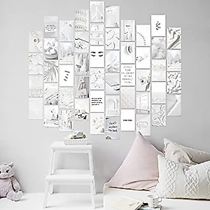 White Photo Collage Kit for Wall Aesthetic | Minimalist White and Grey Wall Posters for Teen Girl Dorm Room Decor | 50 Set 4x6 Inch