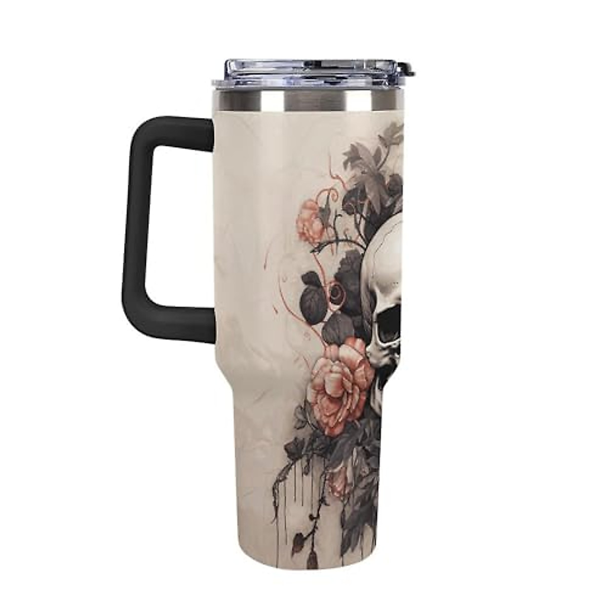 LLUTSNTH 40 Oz Vacuum Tumbler with Black Handle Leakproof Insulated Tumbler Ancient Skull And Flowers Stainless Steel Travel Mug with Lid And Straw Coffee Cup Cute Water Bottles Cup Holder Friendly