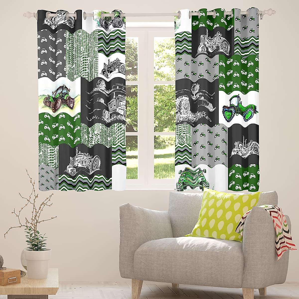 Erosebridal Green Tractor Window Curtains 76" Wx54 L Farm Vehicle Truck Window Drapes Cartoon Equipment Construction Harvester Grommet Curtains for Kids Boys Car Home Room Decor, Grey
