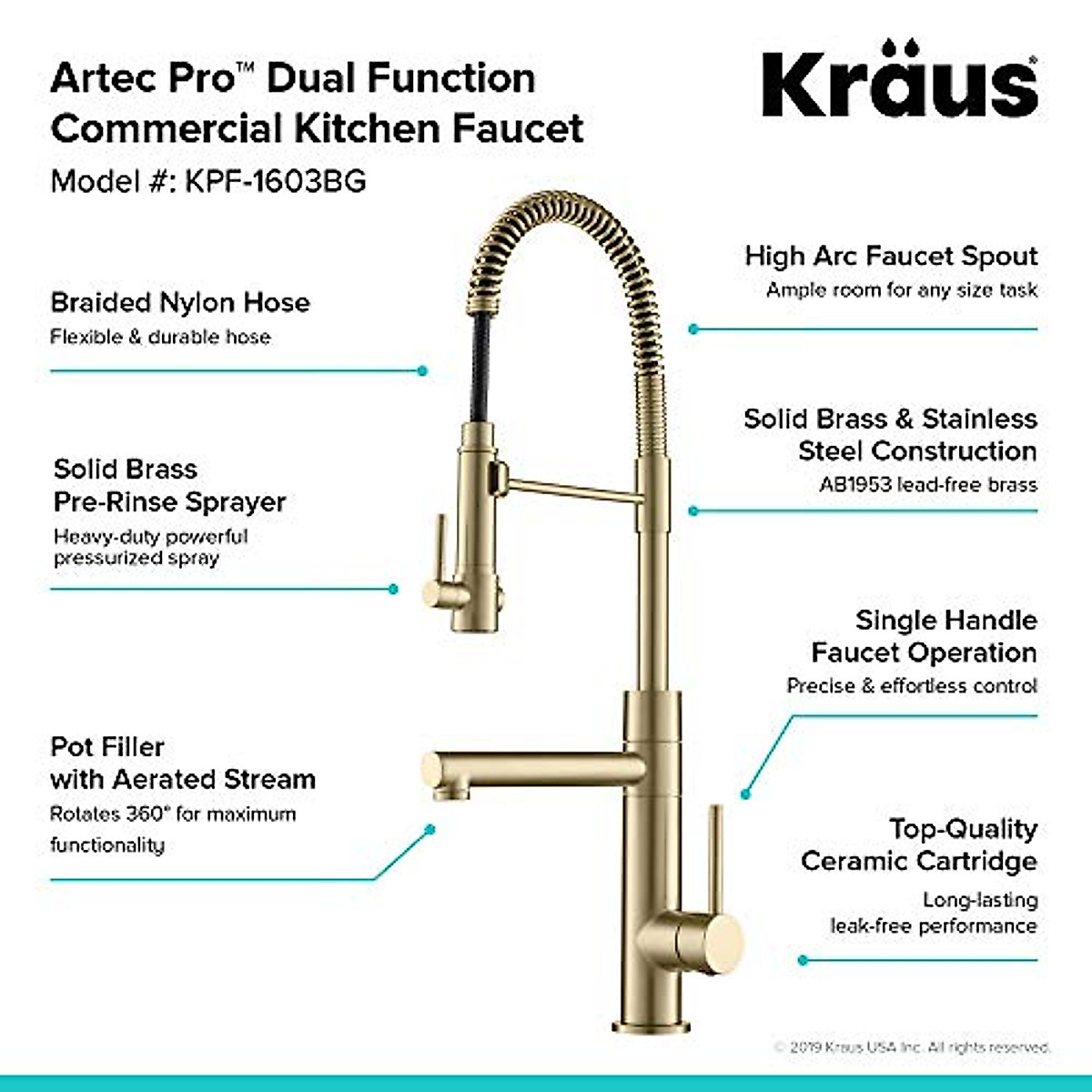 KRAUS Artec Pro 2-Function Commercial Style Pre-Rinse Kitchen Faucet with Pot Filler in Brushed Gold, KPF-1603BG (Pack of 3)