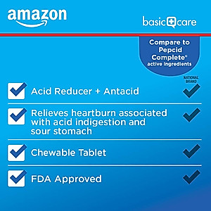 Amazon Basic Care Dual Action Complete, Chewable Acid Reducer Plus Antacid Tablets, Berry Flavor, Heartburn Medicine, Acid Indigestion Relief, 50 Count