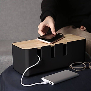 Cable Management Box by Baskiss, Solid Wood Lid, Cord Organizer for Desk TV Computer USB Hub System to Cover and Hide & Power Strips & Cords (Black, Medium)