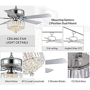 NOXARTE 52 inch Crystal Ceiling Fan with Lights, Modern Chrome Chandelier Ceiling Fan, Quiet Motor, 5 Reverse Wood Blades Crystal Fandelier Ceiling Fan Light Kit for Bedroom Living Dining Room