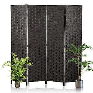 Room Divider, 6FT Wall Divider Wood Screen 4 Panels Wood Mesh Hand-Woven Design Room Screen Divider Indoor Folding Portable Partition Screen,Black