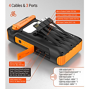 OOPOWEROO Solar Power Bank 20000mAh Built in Hand Crank and 4 Cables 22.5W Fast Charge Power Bank 5 Outputs & 5 Inputs Solar Portable Charger, SOS/Strobe/Strong Flashlights, Carabiner (Orange)