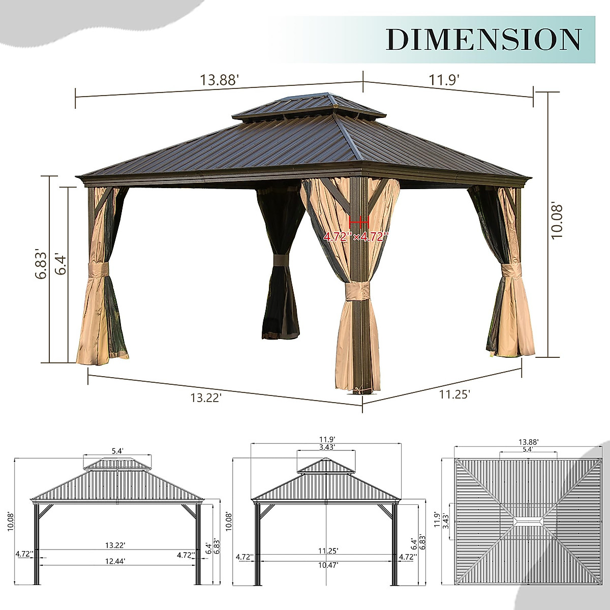 Domi 12'x14' Hardtop Gazebo with Gutters, Outdoor Aluminum Frame Canopy with Galvanized Steel Double Roof, Outdoor Permanent Metal Pavilion with Curtains and Netting for Patio, Backyard and Lawn