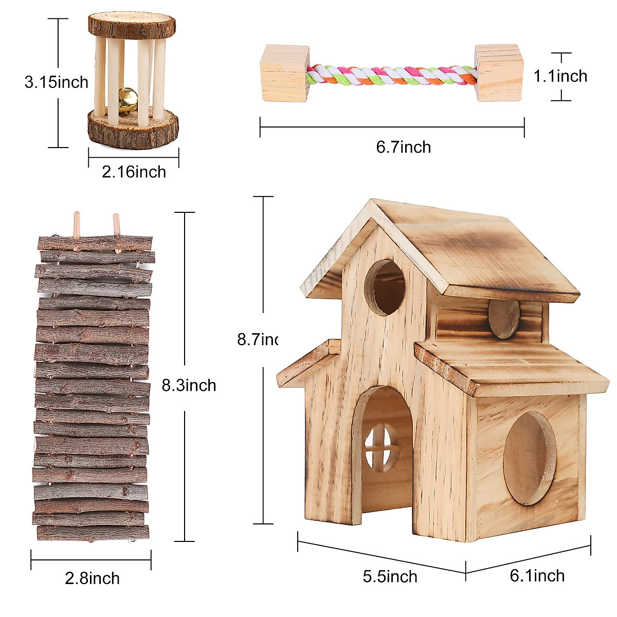 Small Animal Activity Toy Hamster Houses Hideouts Wooden Rat Playground Platform with Ladders Bridge for Chinchilla, Guinea Pigs, Gerbil, Parrots, Dwarf Mice,and Other Small Animals（Without bark）