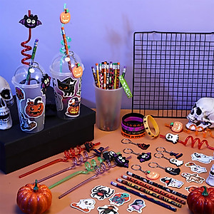 Seenelling 24 Set Halloween Party Favors Gift Cups Filler for Students, Halloween Goodie Bag Fillers, Halloween Treats Non Candy, Halloween Keychain Pencil Straw Silicone Bracelet for Classroom Gifts
