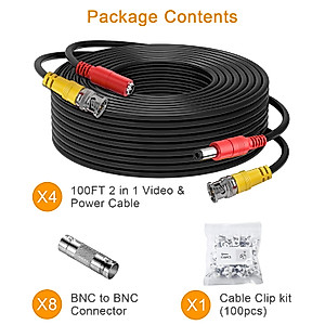 WILDHD BNC Cable 4x100FT, All-in-One Siamese Video and Power Security Camera Wire, Camera Cable for All Max 5MP HD CCTV DVR Surveillance System (100FT 4PACK, Black)