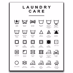 Laundry Room Decor - 11x14" UNFRAMED Print - Black And White Minimalist, Scandinavian, Modern, Typography Wall Print - Guide To Laundry Care Symbols - White Wall Art