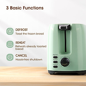 iSiLER 2 Slice Toaster, 1.3 Inches Wide Slot Bagel Toaster with 7 Shade Settings and Double Side Baking, Compact Bread Toaster with Removable Crumb Tray, Defrost Cancel Function Green