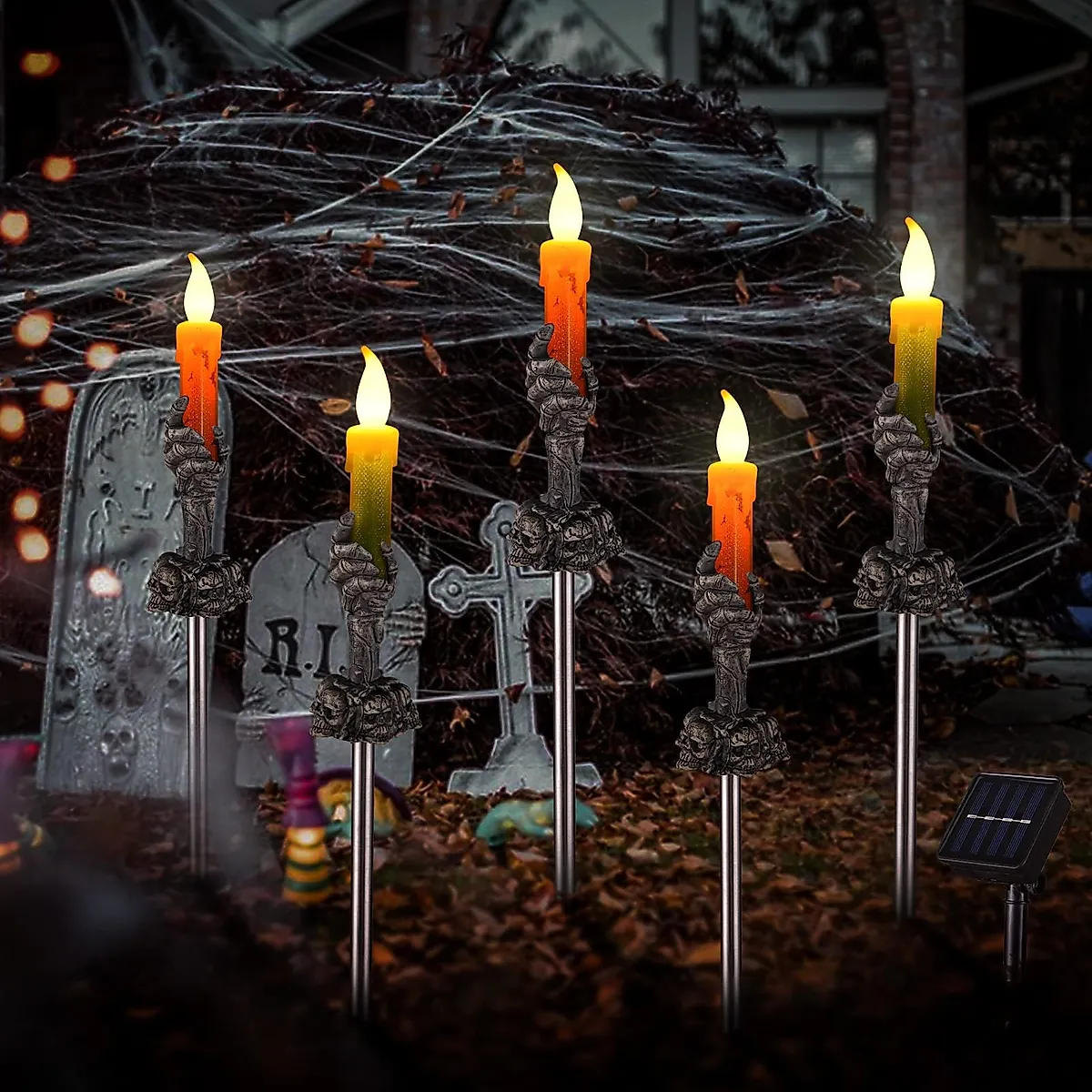 VOGVOG Halloween Pathway Lights, 5 Pack Candle Skull Hand Candle Holder, LED Halloween Decor Candle Lights, Solar Powered, Indoor and Outdoor Party Home Garden Porch Halloween Decoration