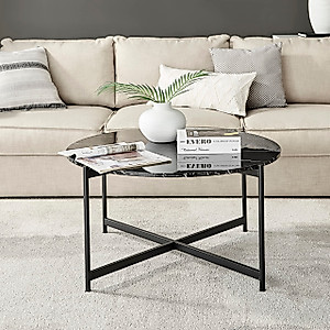 Danya B. Round Contemporary Marble Finish Veneer Top Black Metal Large Coffee Table - White or Black Marble (Black Marble)