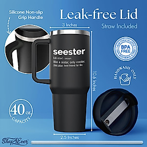 shop4ever Seester Definition Engraved Insulated Stainless Steel Tumbler with Handle, Lid, and Straw 40 oz. Funny Gift for Sister Best Friend (Black)