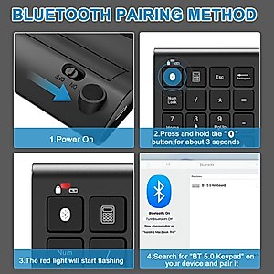 Bluetooth Number Pad Wireless & Wired 10 Key USB Keypad, Rechargeable Numpad for Laptops, Desktop, Computers Accessories Compatible with MacBook iPads ChromeBook EliteBook Notebook etc.