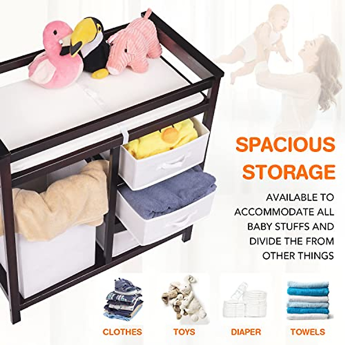 Lovin&Hugin Changing Table, Baby Diaper Changing Table with Laundry Hamper, 3 Storage Baskets and Removable Pad, Brown