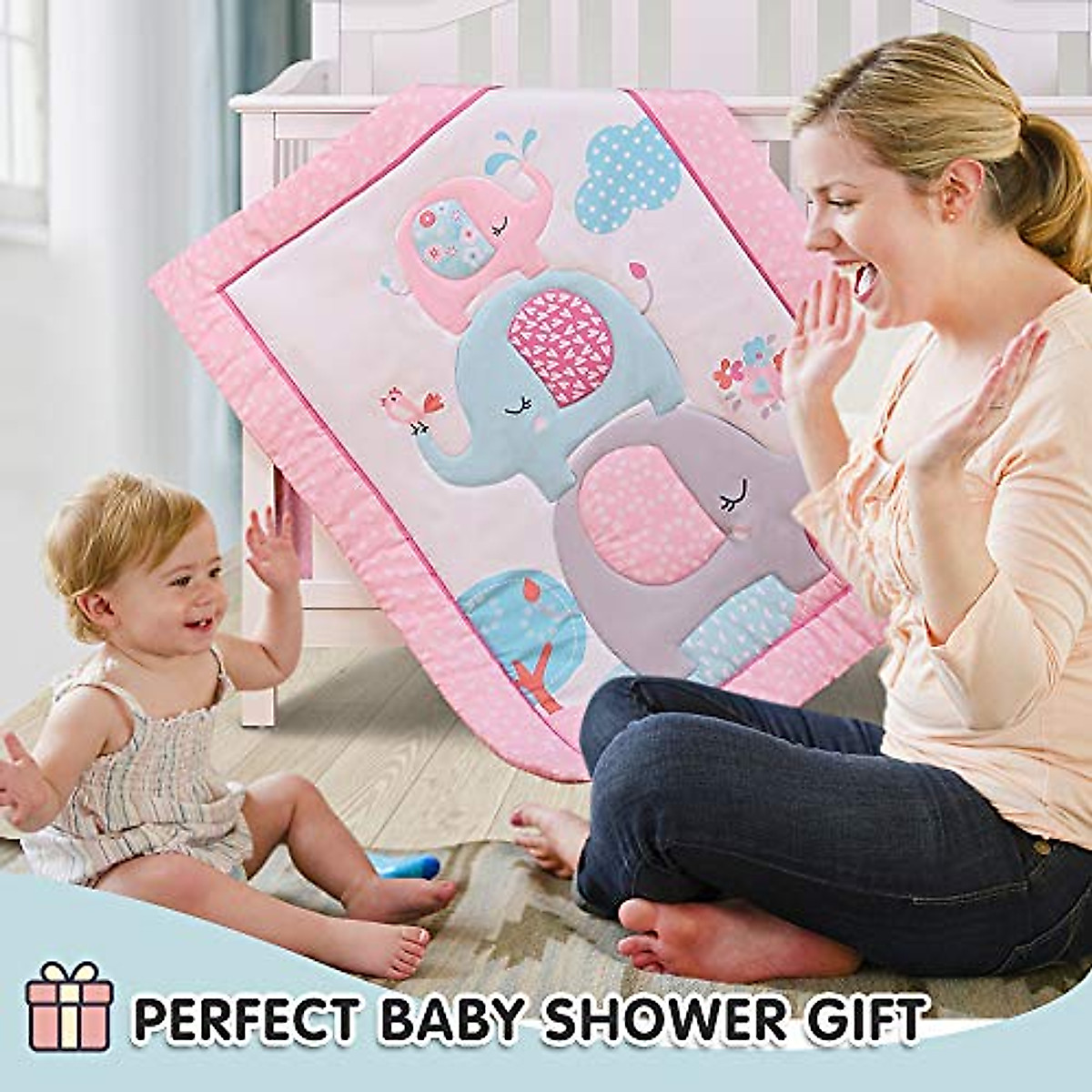 Honkaii Elephant Crib Bedding Set 4Pcs for Girls with Comforter Fitted Sheet Crib Skirt Diaper Stacker, Machine Washable, Suitable for 28 x 52 Inch Cribs, Lovely Nursery Crib Sets for Baby(Pink)